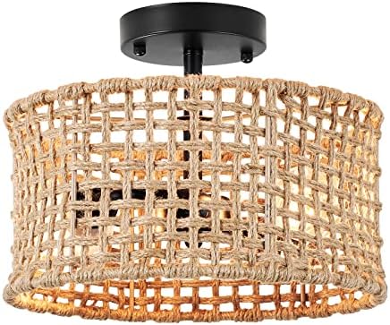 Rattan Semi Flush Mount Ceiling Light Fixture,Boho Hand Woven Wicker Shade Rattan Chandeliers,3 ...