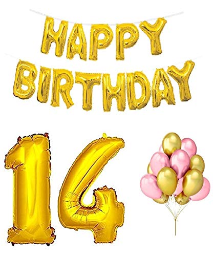 Balloonistics Number 14 Gold Foil Balloon and 50 Nos Pink and Gold ...