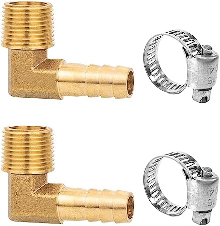 Brass Hose Barbed Elbow Fitting, 90 Degree Elbow with 2 Hose Clamps, NPT Barb Elbow, 3/8" Barb x ...