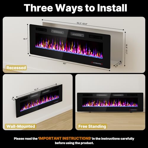 60" Ultra Thin Electric Fireplace Recessed Wall Mounted & Freestanding ...
