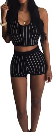 Amazon.com: Women Sexy Hooded Crop Top Striped Hot Shorts Slim Bodycon ...