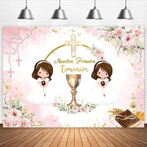 Amazon.com : Baptism Backdrop for Girl Mi Primera Comunion Christening ...