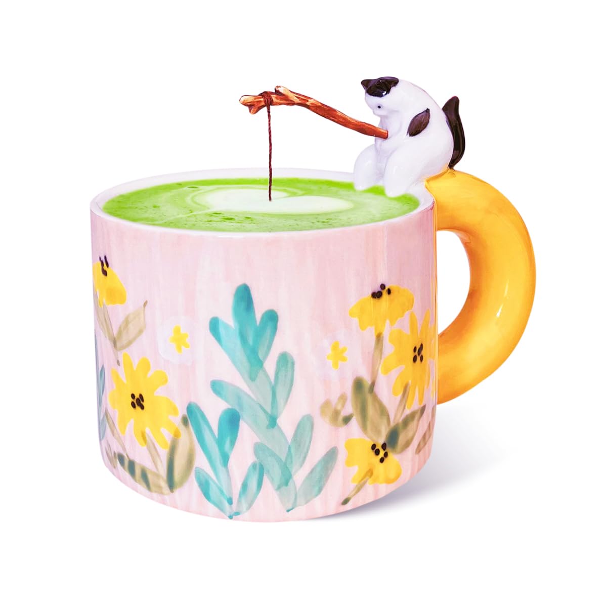 Amazon.com | QILORYA Cute Black White Cat Fishing Mug 15oz, Kawaii ...