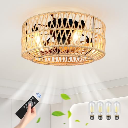 Industrial Caged Ceiling Fans with Lights and Remote Dc Hemp Rope Retro ...