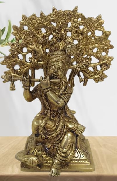 Buy PujaNpujari Lord Krishna Sitting Under a Tree with Peacock 8" Brass ...