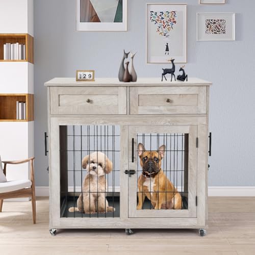Amazon.com : Double Dog Crate Furniture with 2 Drawers,Wooden Dog Crate ...