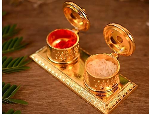 LABHCART Metal Golden Finish Chandan Roli Box Double Kumkum Dani Pooja ...