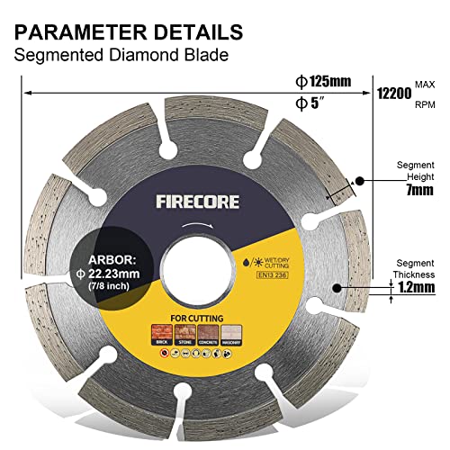 Firecore diamond cutting blade, 125 mm, wet and dry cutting, for ...