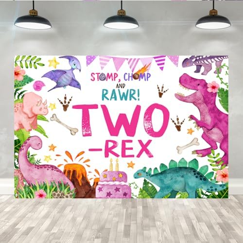 Amazon.com : Lofaris 7x5ft Pink Dinosaur Second Birthday Backdrop Two ...