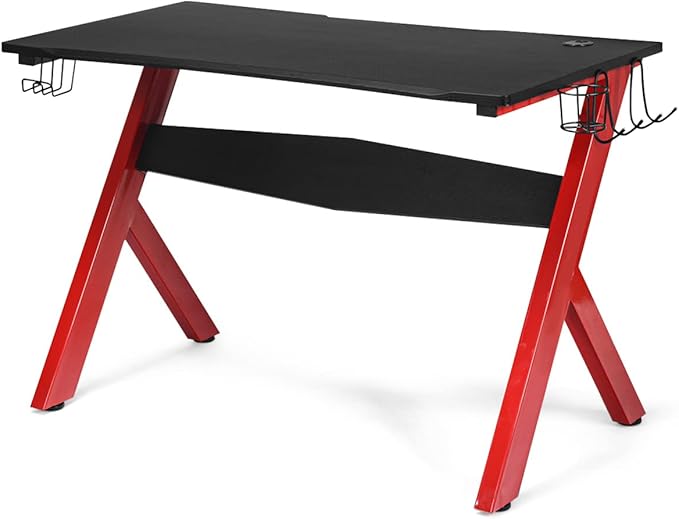 SFAREST Computer Desk, Carbon Fiber Gaming Table with Cup Holder, Mouse ...