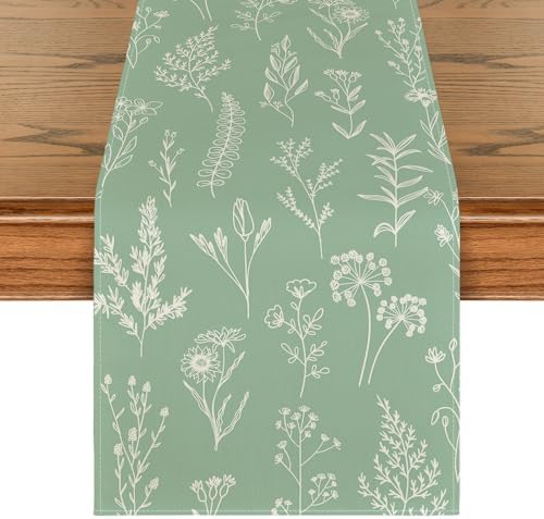 Amazon.com: Artoid Mode Sage Green Leaves Flowers Spring Table Runner ...