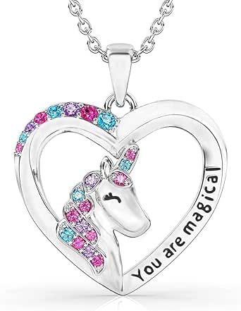 Unicorn Necklace for Girls - Silver Plated, Heart Pendant Unicorn ...