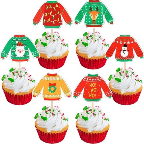 Amazon.com: 36 Pack Ugly Sweater Cupcake Toppers Christmas Tree Deer ...