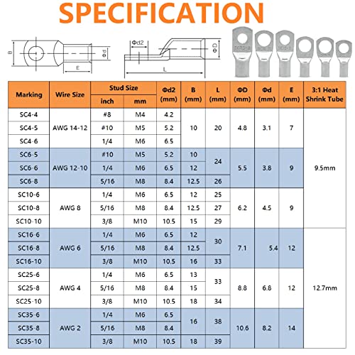 Snapklik.com : Tinned Copper AWG14-12#8Stud Battery Cable Lugs,Heavy ...