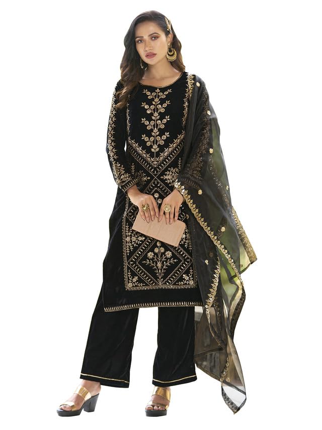 Buy SKYLEE Women's Embroidery Velvet Straight Kurta Set with Dupatta ...