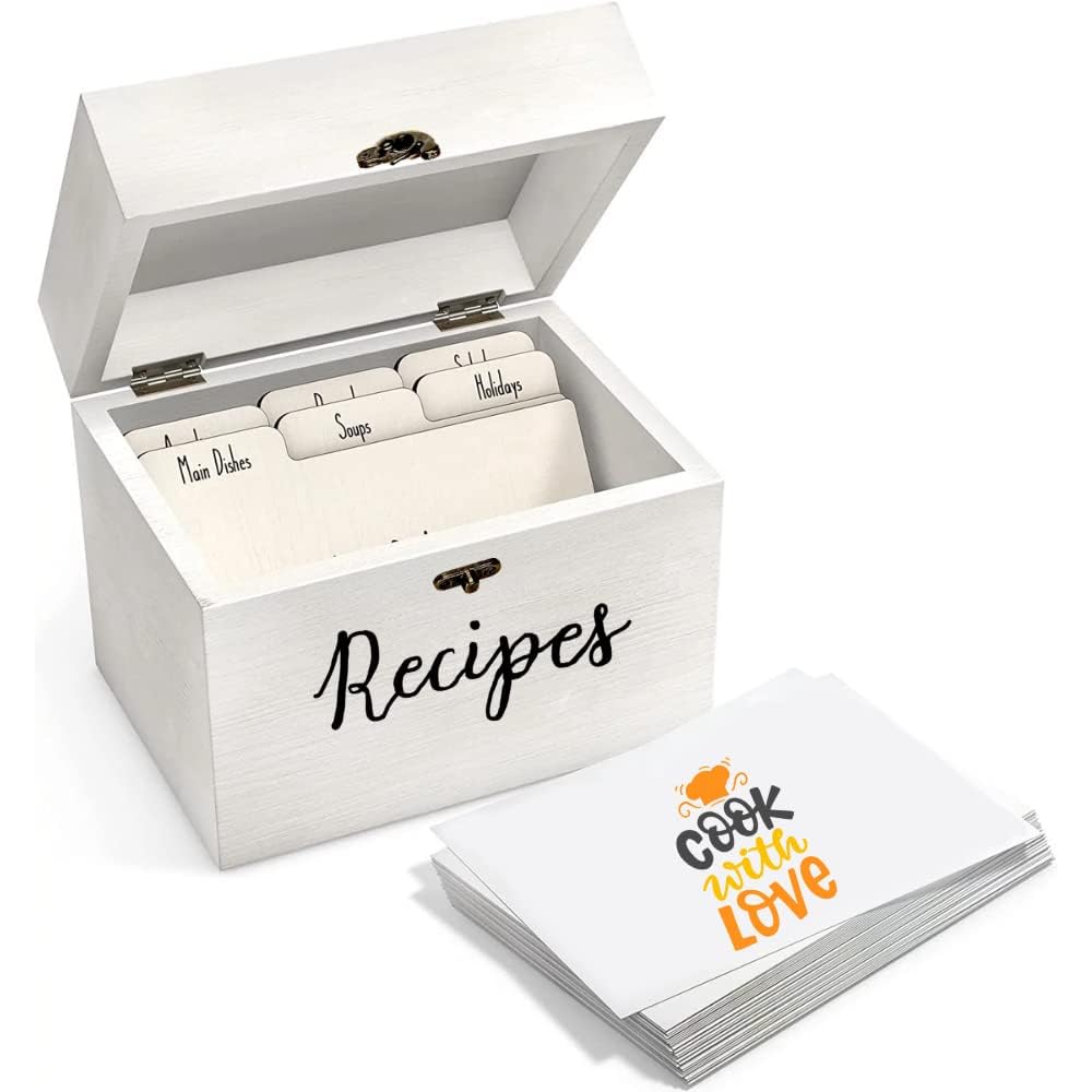 Amazon.com: S3 THE BRAND White Wooden Recipe Box Chest with Dividers ...