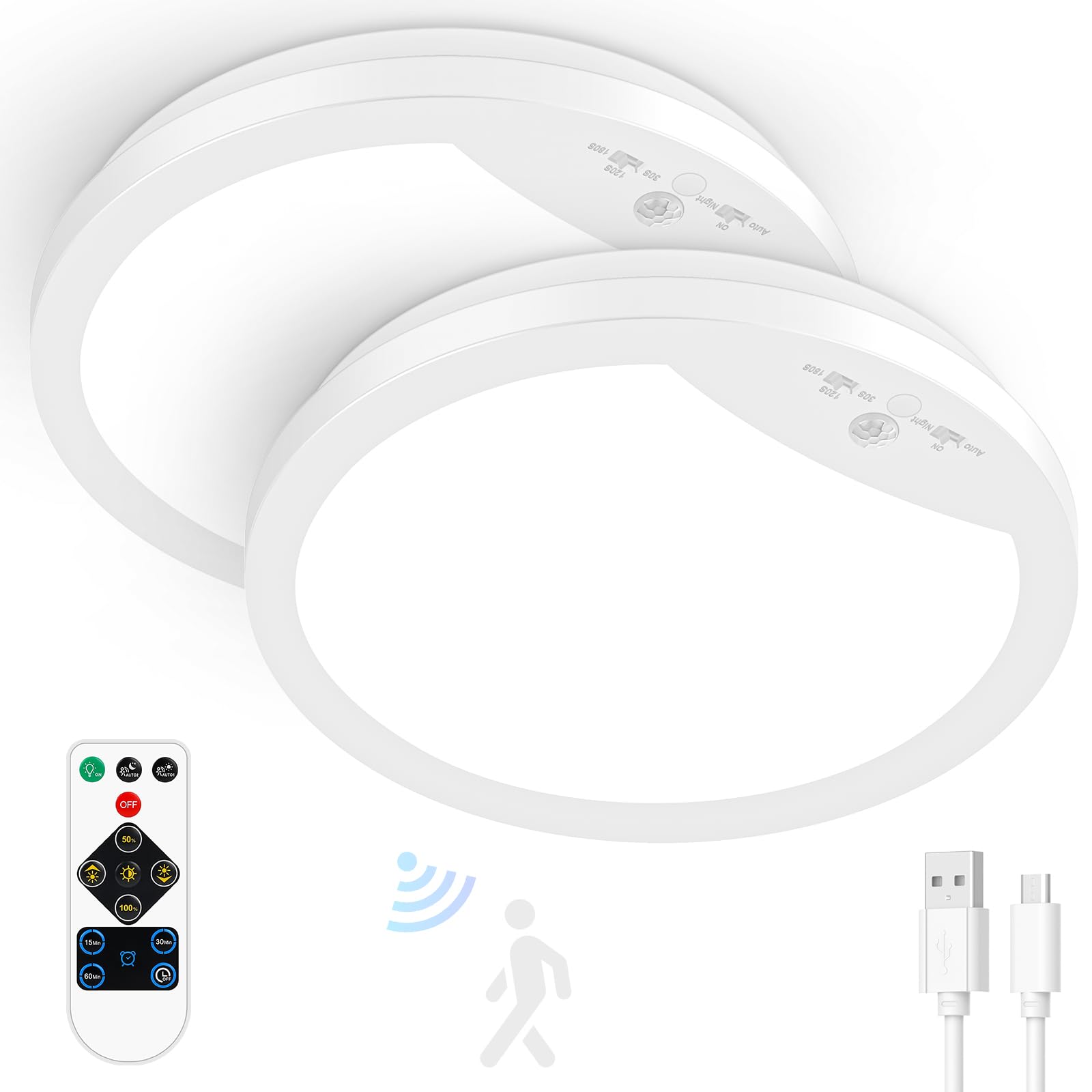 2-Pack Battery Operated Ceiling Lights, Motion Sensor Rechargeable ...