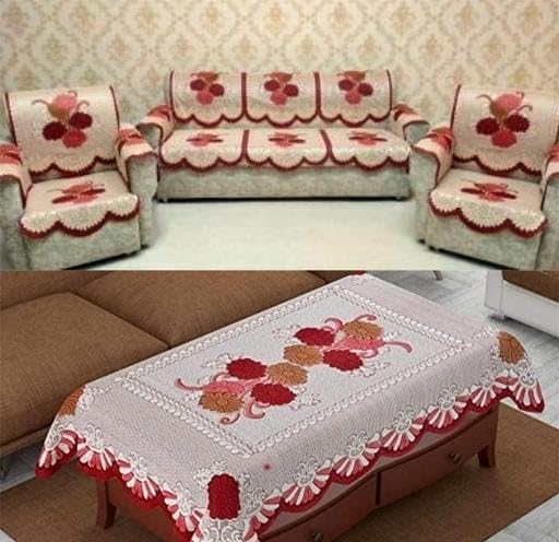 MEBELS JOY Net Cotton Floral Design Sofa Cover Set of 5 Seater with 6 Piece Arm Set, with 1 ...