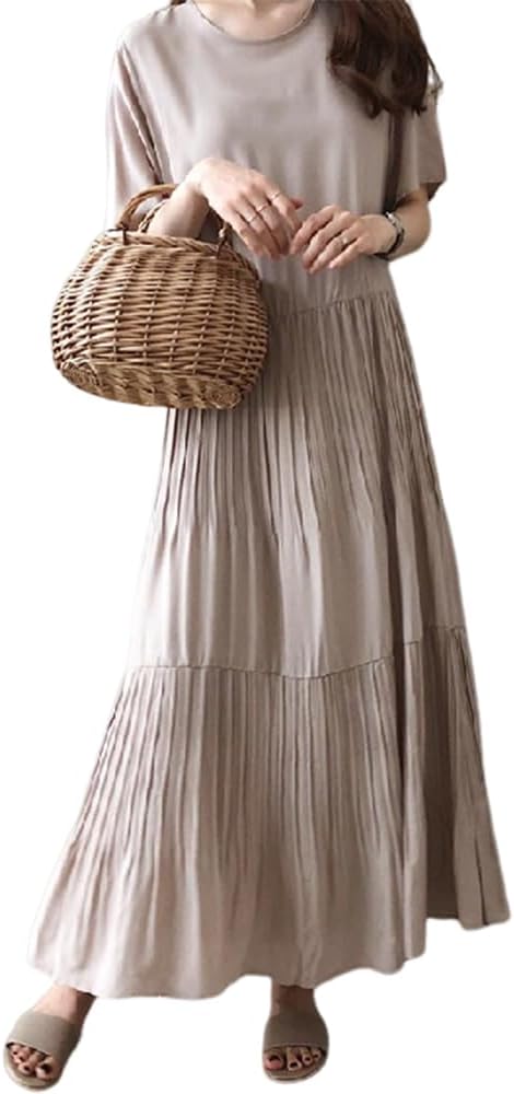Amazon.co.jp: [FEISEDY] ワンピース レディース 大きいサイズ ゆったり 知的 丸首半袖 無地 着瘦せ ロング ワンピース おしゃれ カジュアル エレガント シフォン ...