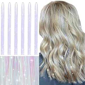 WENNALIFE Hair Tinsel, Silver White, 120 cm, 1200 Glitter Hair Strands Kit, for Festivals ...