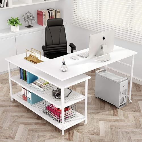 TEKAVO L Shaped Desk with Storage Shelves, 360 Rotating Desk Corner ...