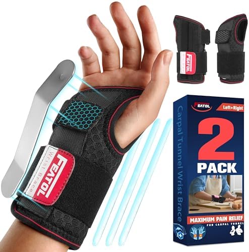 FEATOL 2 Pack Carpal Tunnel Wrist Brace For Work With Splint ...
