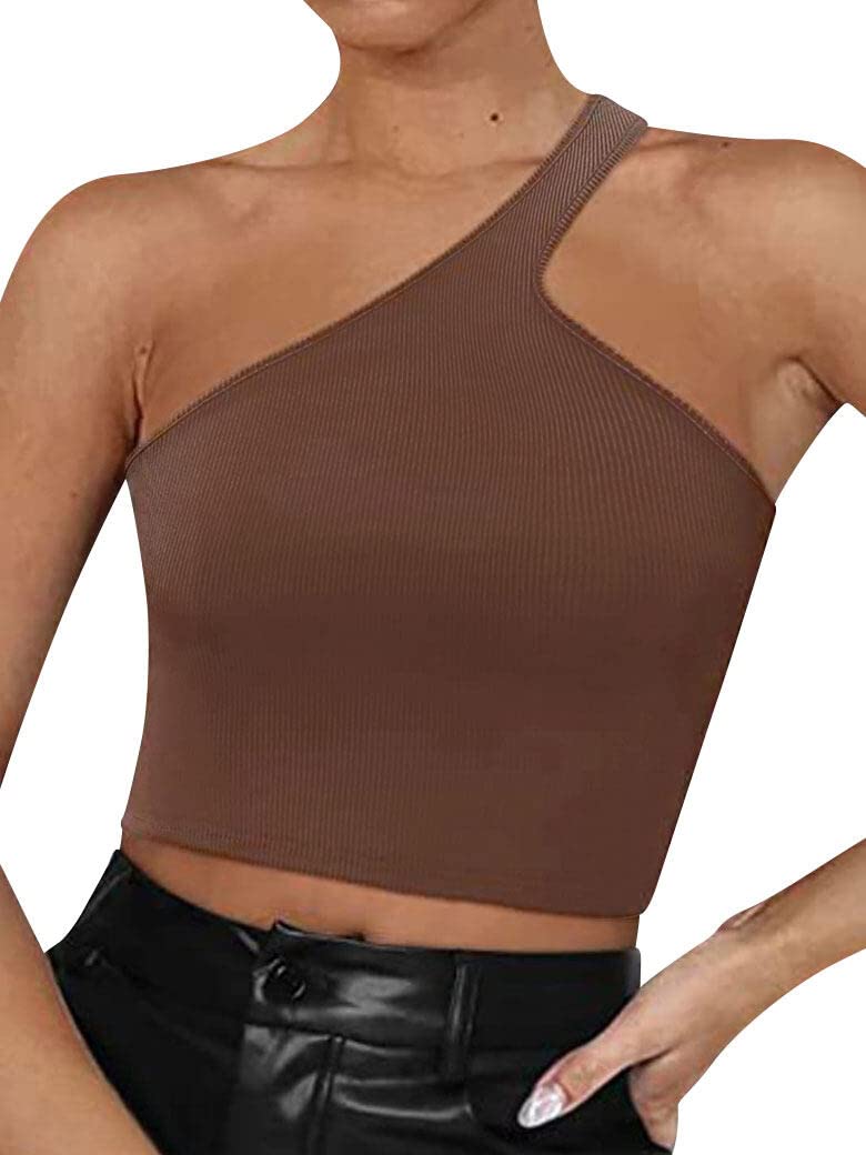 Womens Sexy Sleeveless One Shoulder Slim Fit Knit Crop Top Ribbed Solid ...