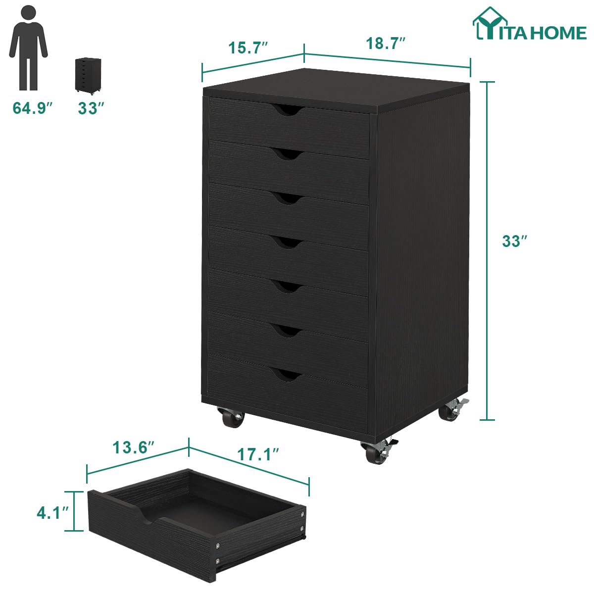YITAHOME 7 Drawer Chest, Mobile File Cabinet with Wheels, Home Office ...