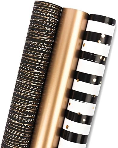 RUSPEPA Wrapping Paper Roll - Mini Roll - 3 Different Black Gold Stripe ...