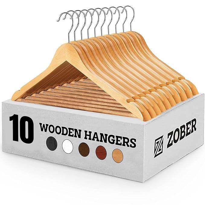 ZOBER Wooden Suit Hangers Pack of 10 with Non Slip Pants Bar - Smooth ...