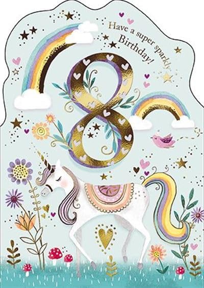 Girls 8th Birthday Card - Age 8 - Unicorn and Rainbows with Foil Finish ...