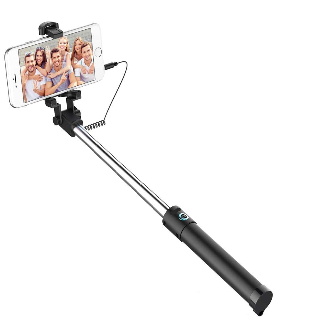 Wired Monopod Extendable Selfie Stick AUX Wire Built-in Remote Pocket ...