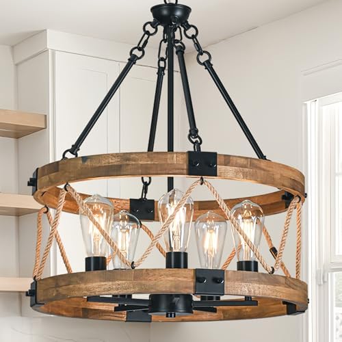 Farmhouse Chandeliers for Dining Room, 19.7” Rustic Chandelier, Round ...