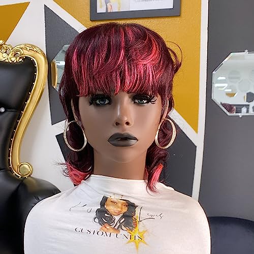 PangDongLai Pixie Cut Wigs for Women Mullet Wig 99J Pink Color 10inch ...