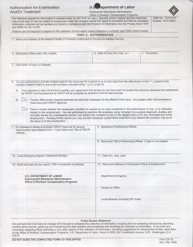 Authorization for Examination and/or Treatment, Form CA-16 : Office of ...