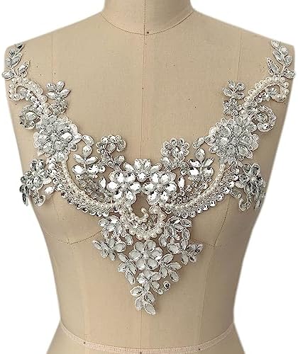 Amazon.com: Lace Embroidered Pearl Rhinestone Patches Applique for DIY Fabric Trim Neckline ...