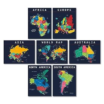 Amazon.co.jp: World Map and USA Map Poster Set - Blue Continents ...
