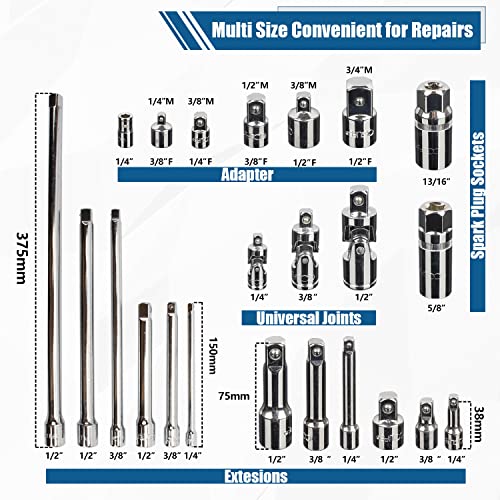 CCLIFE 23-Piece Socket Spanner Extension Set 1/4 Inch 3/8 Inch 1/2 Inch ...
