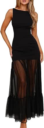 Amazon.com: LAGSHIAN Women's Elegant Crew Neck Backless Maxi Dress ...