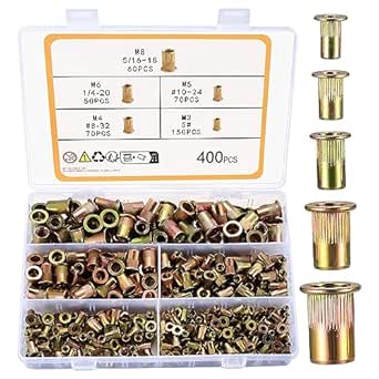 XhjzgcTech 400pcs Rivet Nut Kit, Flat Head Threaded Rivets Nut Inserts Assortment Kit, Carbon ...