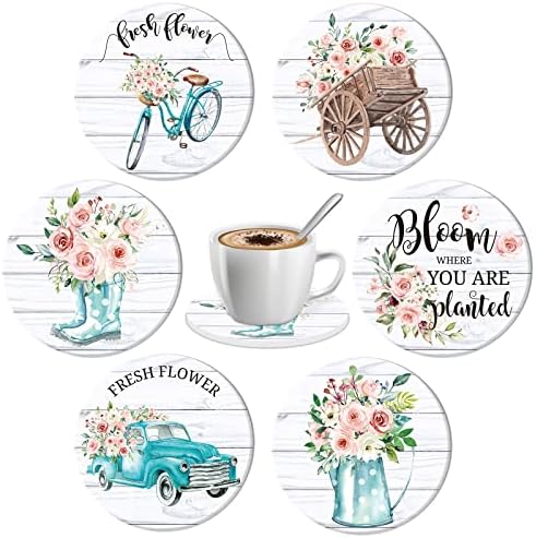Amazon.com: Whaline Vintage Sunflower Ceramic Coaster Spring Summer ...