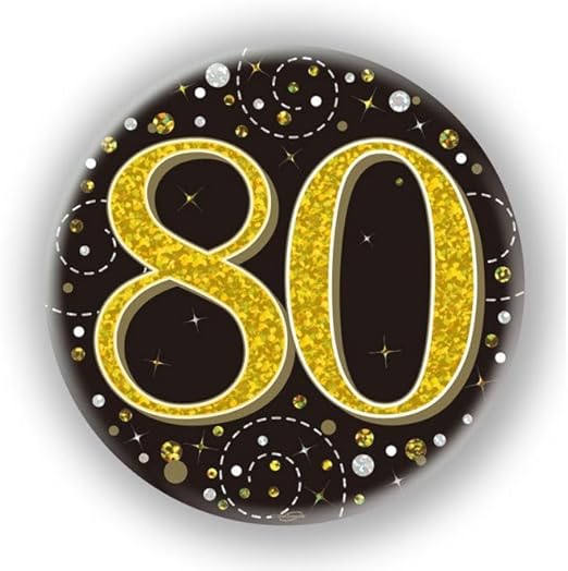 Age 80 Birthday Badge Black And Gold Holographic Recyclable 80th ...