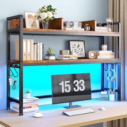 Amazon.com: REIBII 35.5" Desk Shelf with LED Lights and Hooks,2-Tier ...