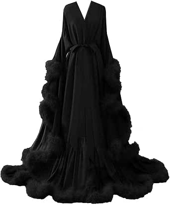 Changuan Feather Bridal Robe Silk Satin Fur Robes for Women Long Old ...