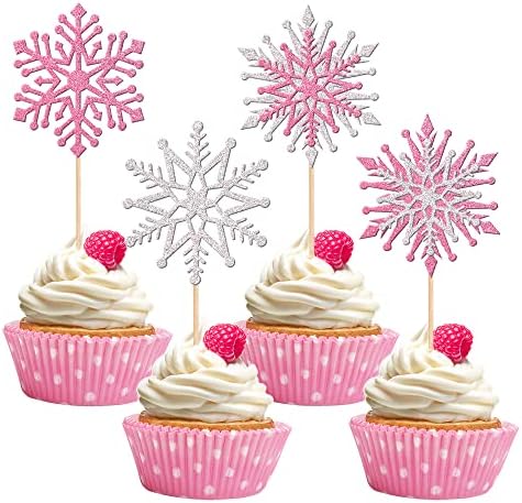 Amazon.com: 24 PCS Glitter Snowflake Cupcake Toppers Winter Frozen ...