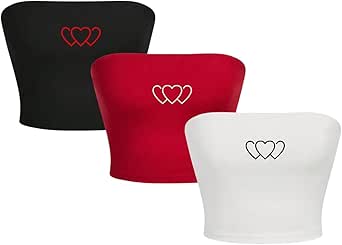 Floerns Women's 3 Pcs Sleeveless Strapless Bandeau Heart Print Cropped ...