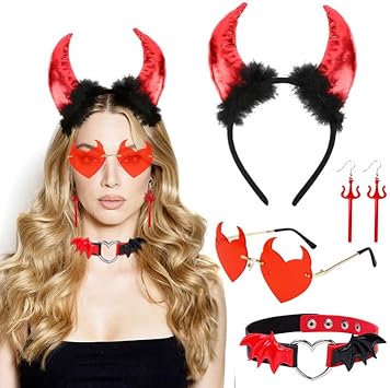 HOWAF Halloween Devil Costume Women, Red Devil Horns Headband Halloween ...