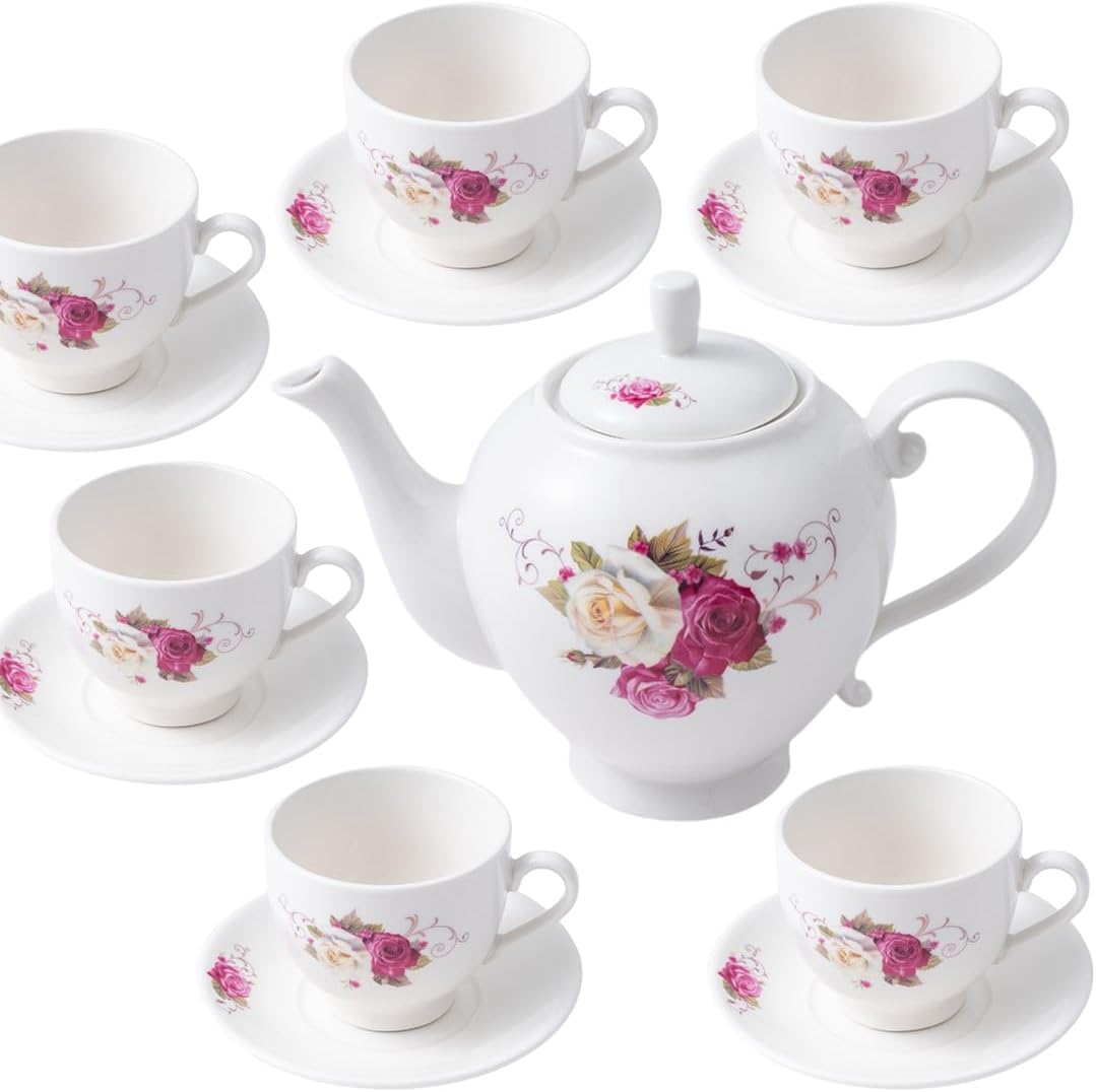 Amazon.com | 19 Piece Vintage Ceramic Tea Set, Teapot, Cup and Saucer ...