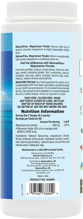 NaturesPlus Magnesium Powder Orange Flavour – 400mg Pure Magnesium ...