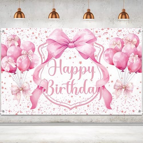 Amazon.com : Stcomart Pink Bow Happy Birthday Banner Backdrop for ...